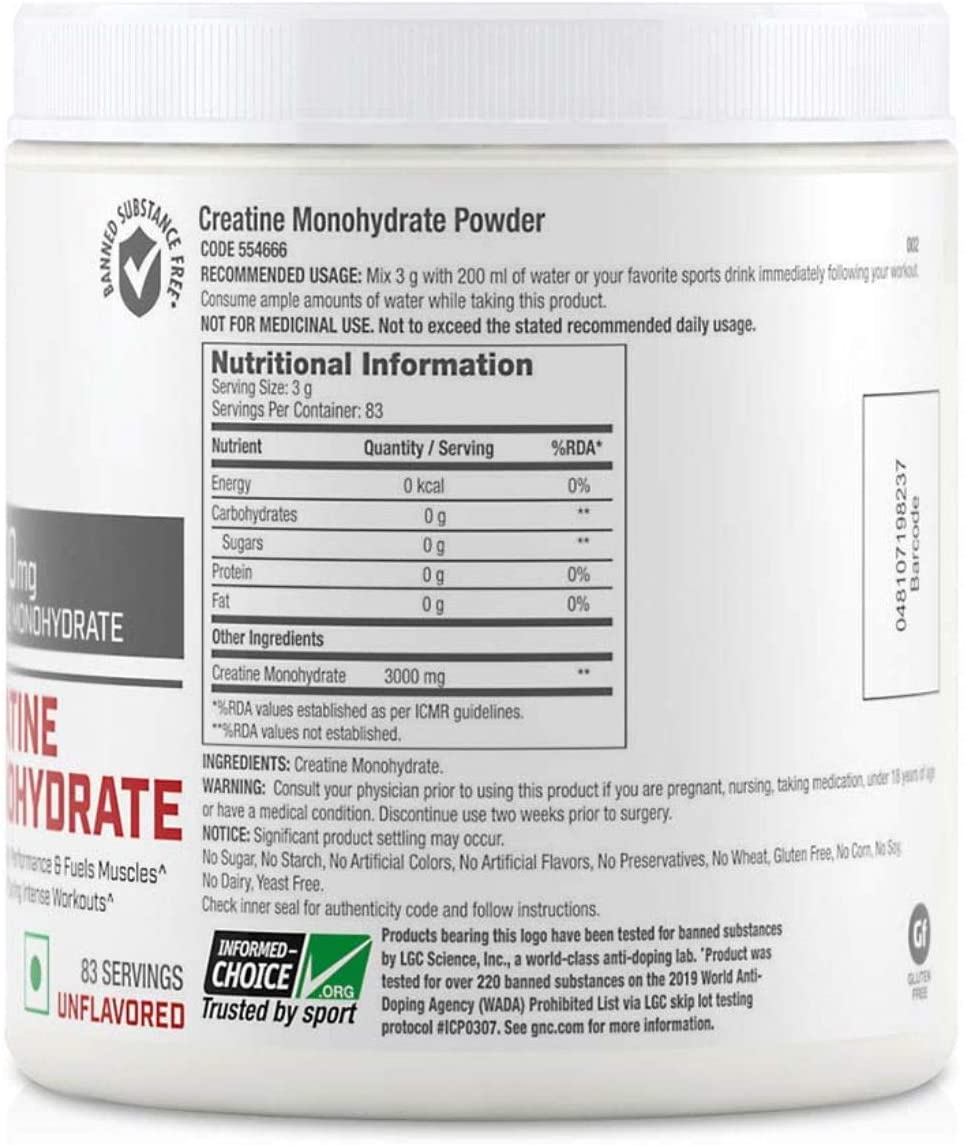 Gnc Pro Performance Creatine Monohydrate 3000 Mg Supplement 250 G